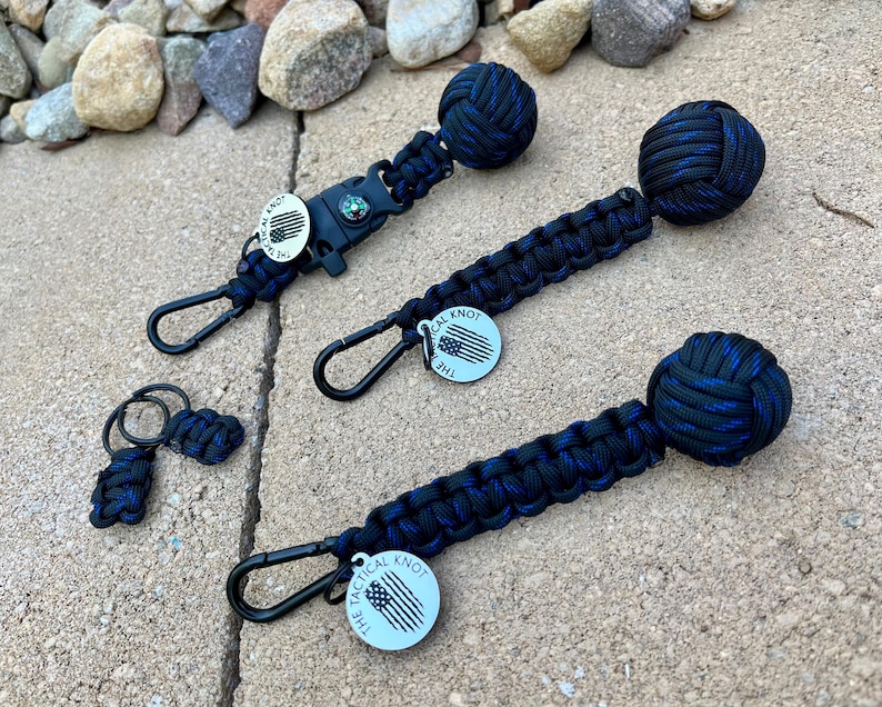 Monkey Fist Survival Kit Keychain - Thin Blue Line on Black - Bug Out ...