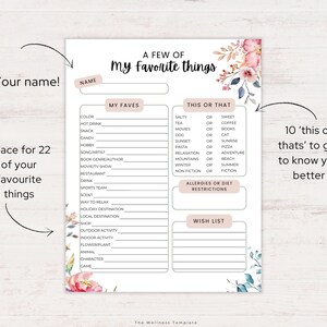 My Favorite Things List, Favorite Things Survey for Family, Employee ...