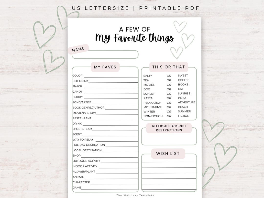 My Favorite Things List, Favorite Things Survey for Family, Employee ...