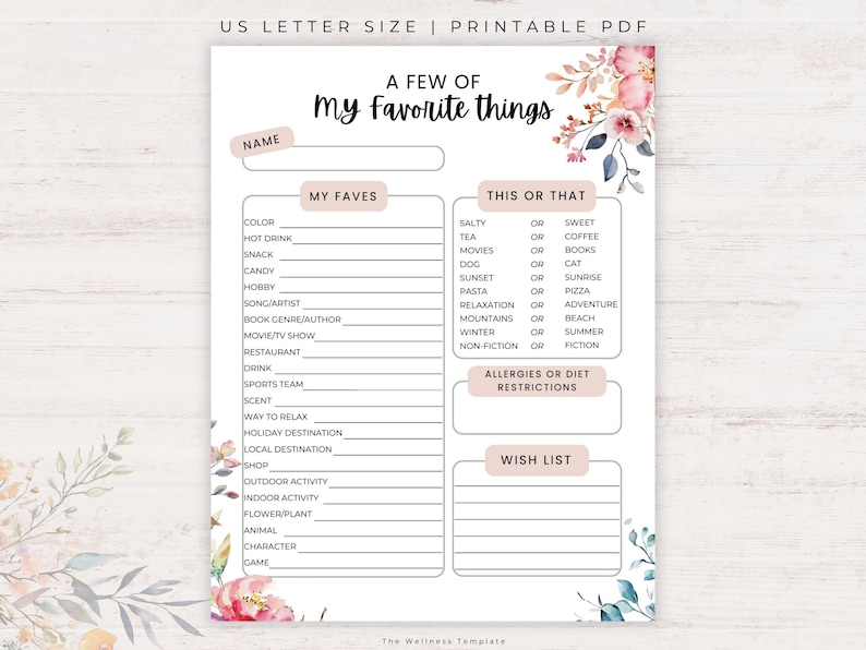 My Favorite Things List, Favorite Things Survey for Family, Employee ...