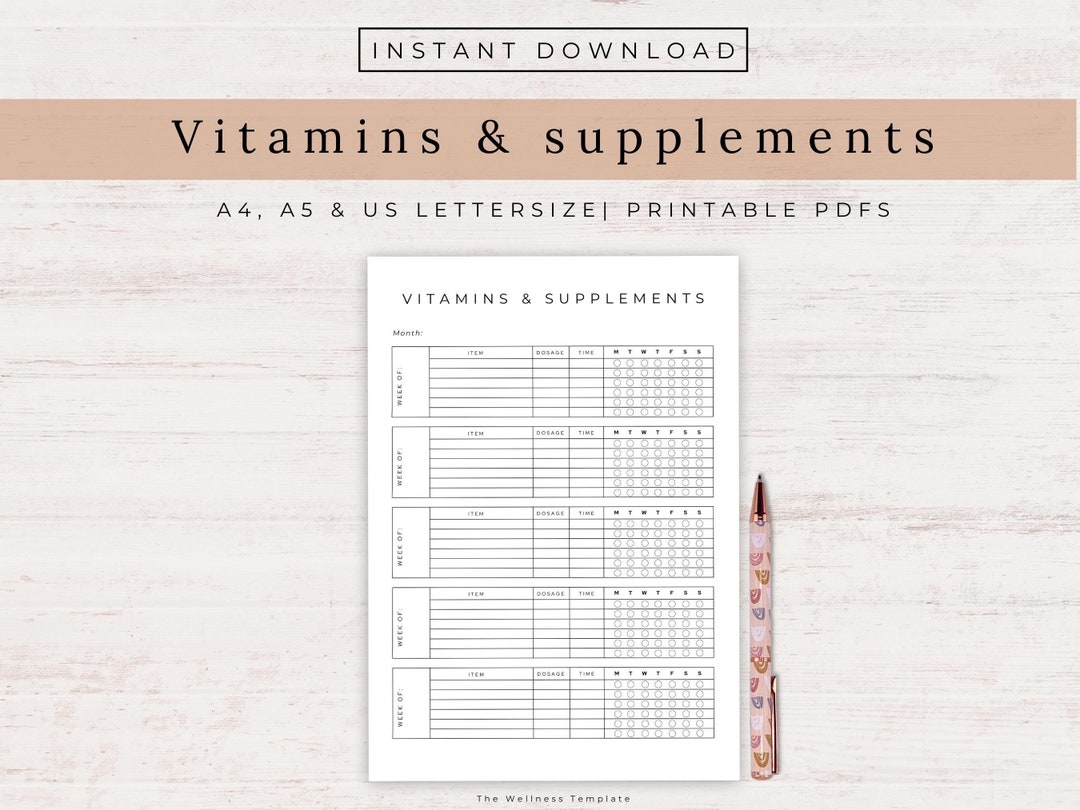 Vitamin Tracker PRINTABLE, Medication Tracker, Health Tracker, Pill ...
