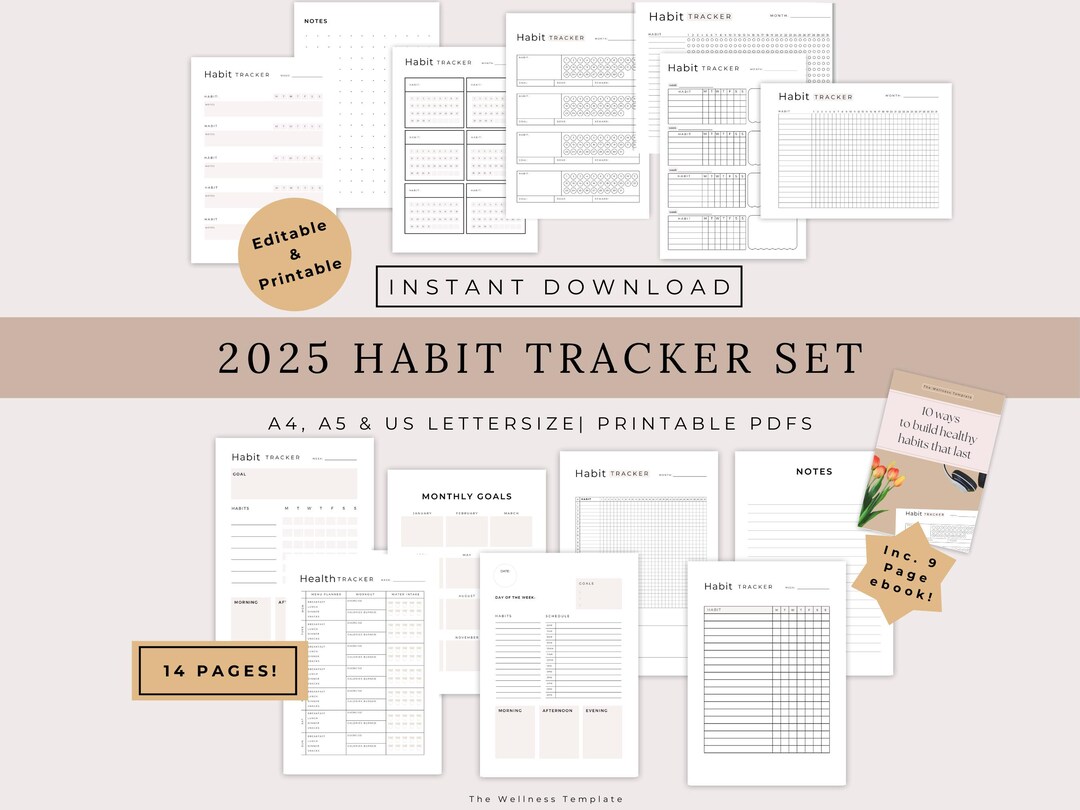 2025 Habit Tracker Printable, Habit Tracker Digital, Daily, Weekly ...