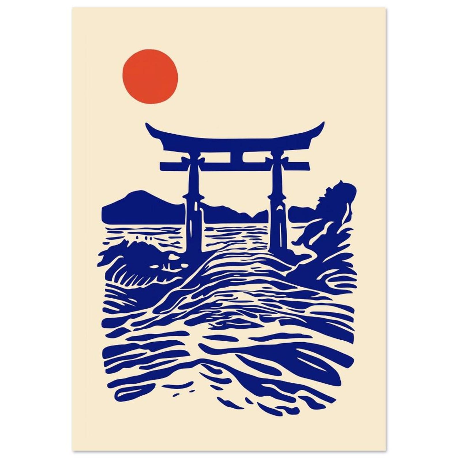 Japanese Torii Gate Poster in Cobalt Blue, Matisse-inspired Minimalist ...
