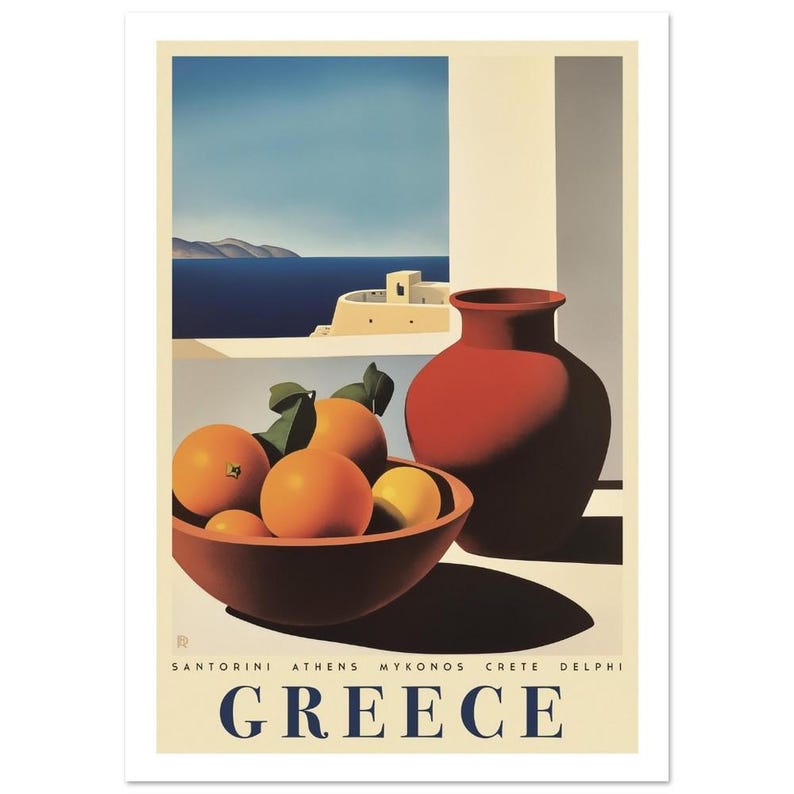 Greece Travel Poster With Oranges and Pottery | Santorini, Athens ...