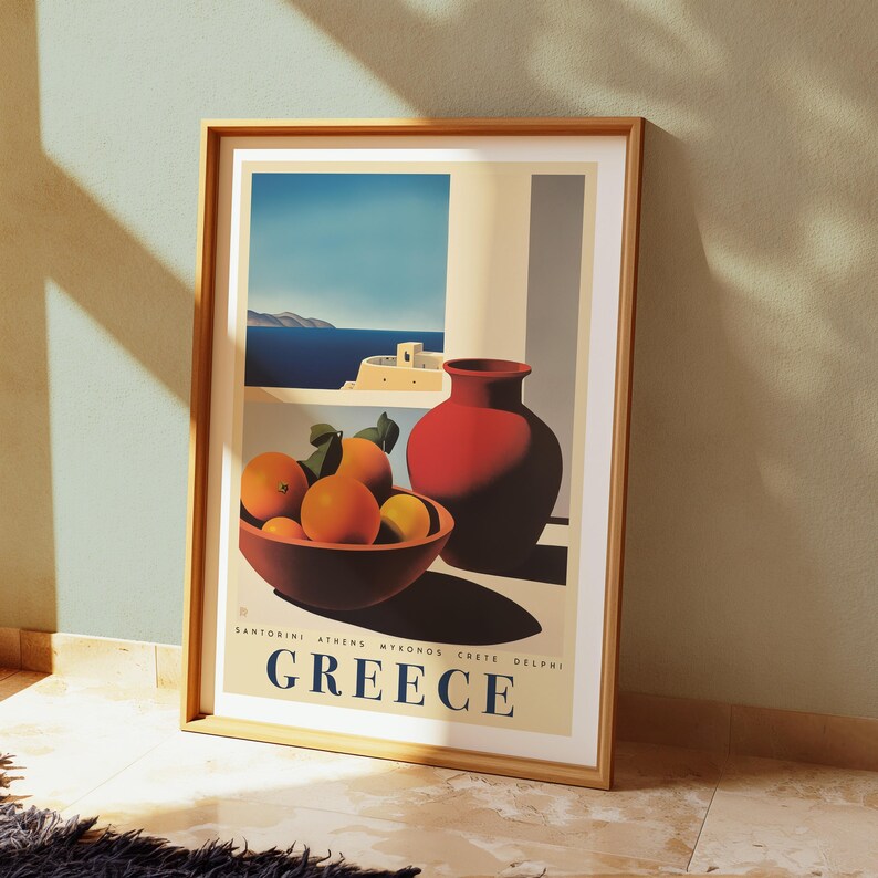 Greece Travel Poster With Oranges and Pottery | Santorini, Athens ...