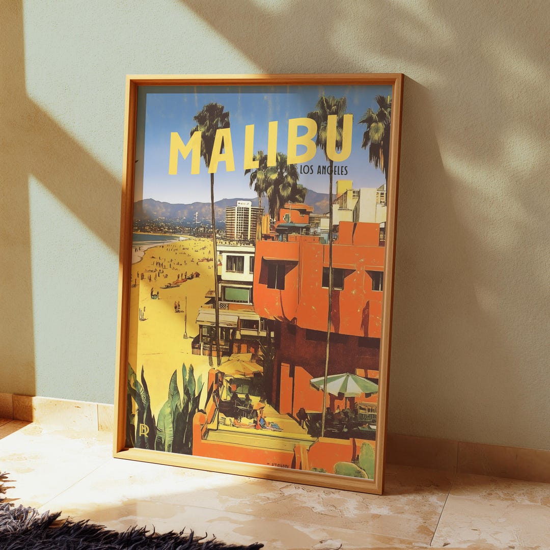 Malibu Beach LA Art Print, Retro Los Angeles Poster, Vintage California ...