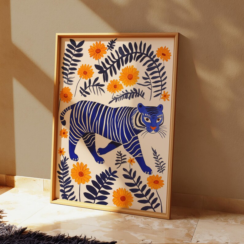Blue Lucky Tiger Art Print, Vibrant Jungle-inspired Wall Decor ...