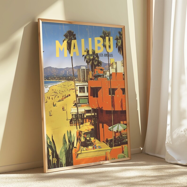 Malibu Beach LA Art Print, Retro Los Angeles Poster, Vintage California ...