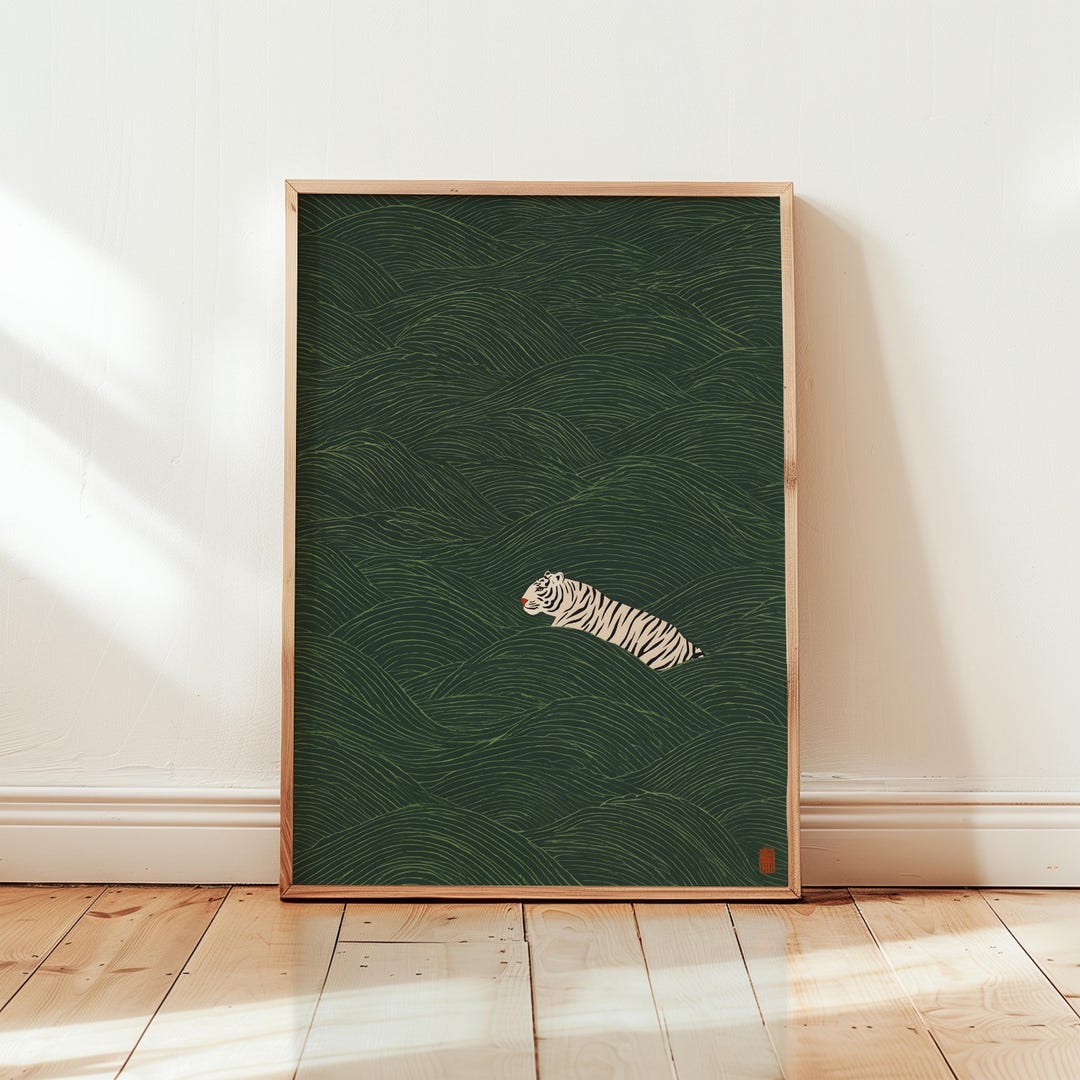 Japanese White Tiger Wave Print, Ukiyo-e Inspired Minimalist Wall Art ...