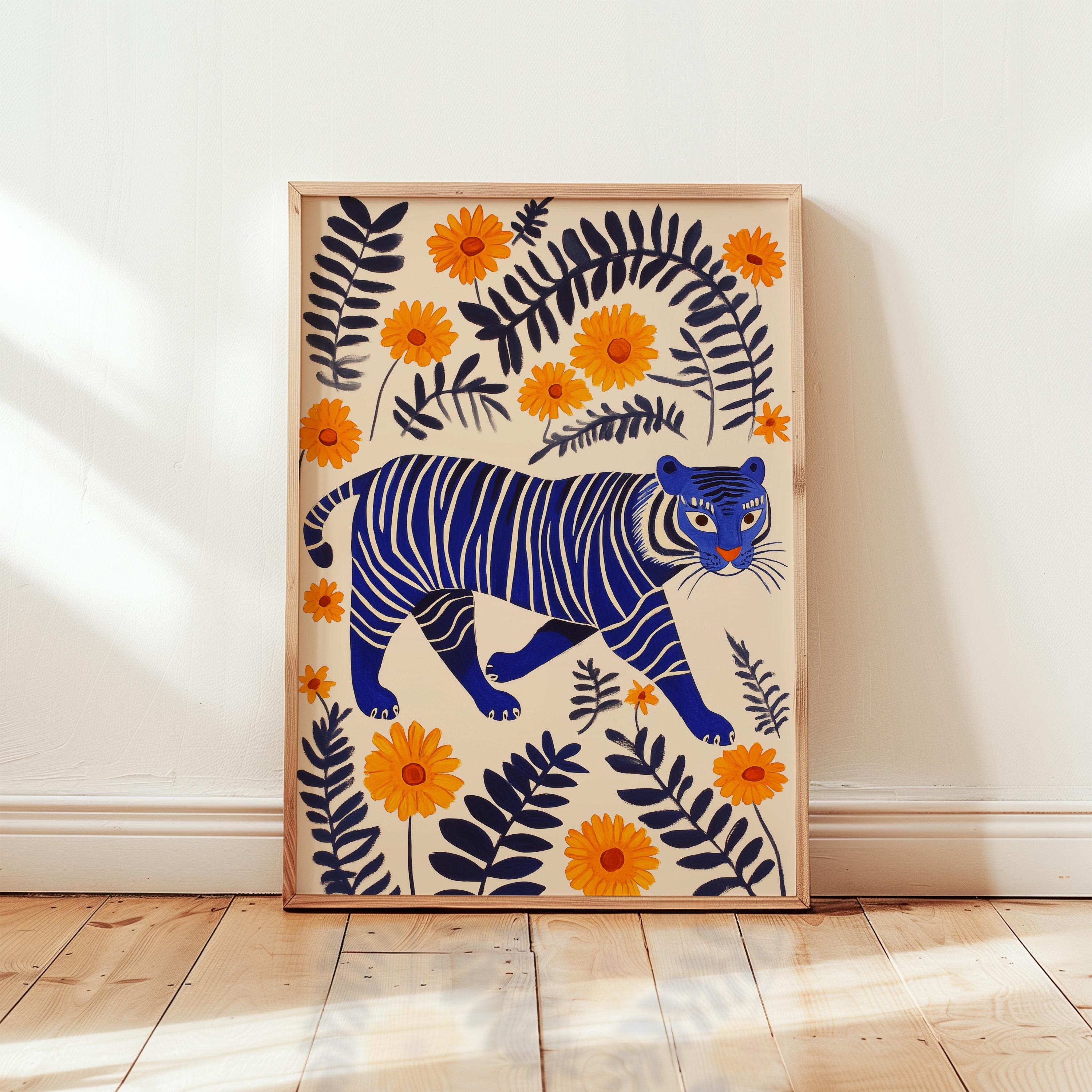 Blue Lucky Tiger Art Print, Vibrant Jungle-inspired Wall Decor ...