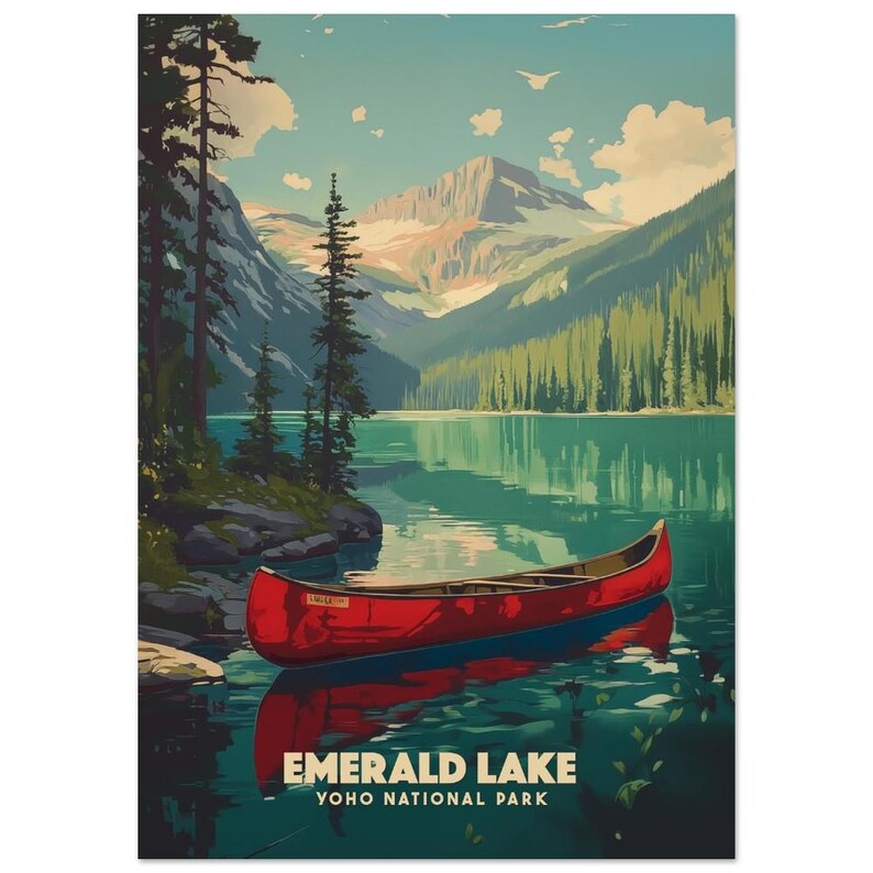 Vintage Emerald Lake Poster, Yoho National Park, Canada Travel Art, Red ...