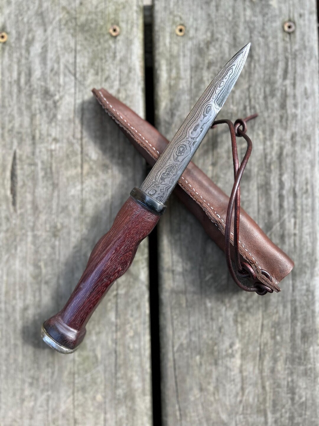 Damascus Medieval Knife With Buffalo Horn Handle & Leather Sheath - Etsy