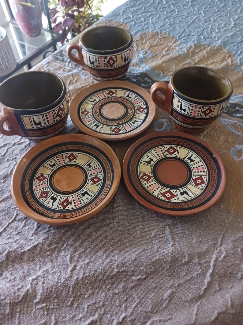 Vintage Cusco Peru Hand Painted Tea Pot, Cups and Saucers. - Etsy