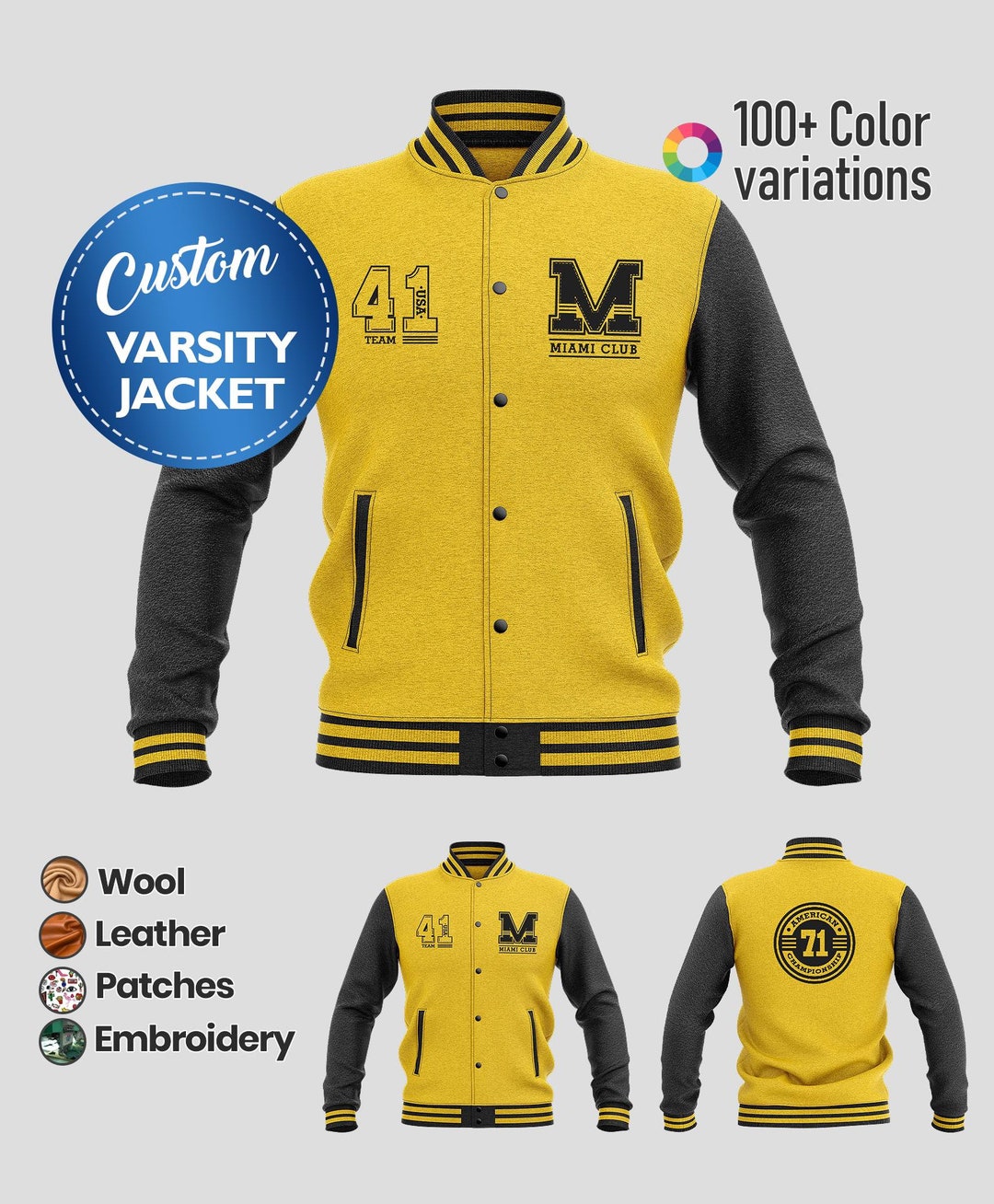 Custom Baseball Letterman Varsity Yellow Wool Jacket With Black Sleeves ...