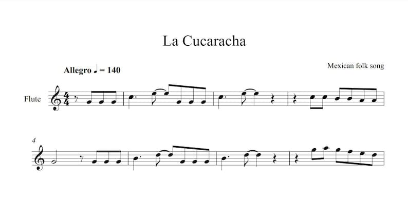 La Cucaracha Arrangement for Flute Melody in C Major PDF Format - Etsy