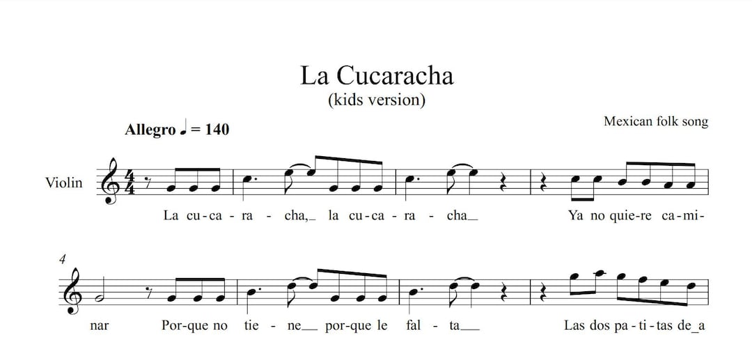 La Cucaracha Arrangement for Violin Melody in C Major With Appropriate ...