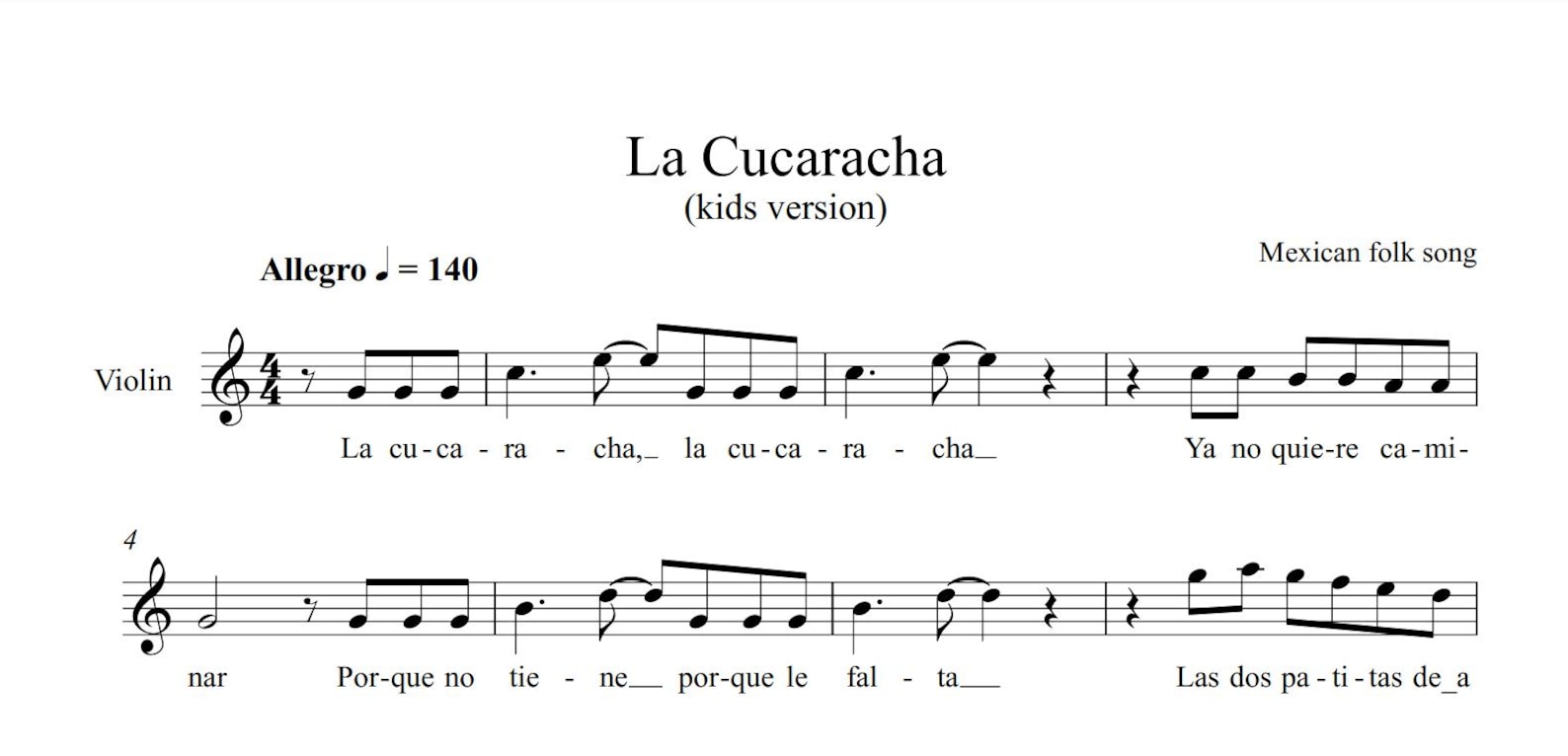 La Cucaracha Arrangement for Violin Melody in C Major With Appropriate ...