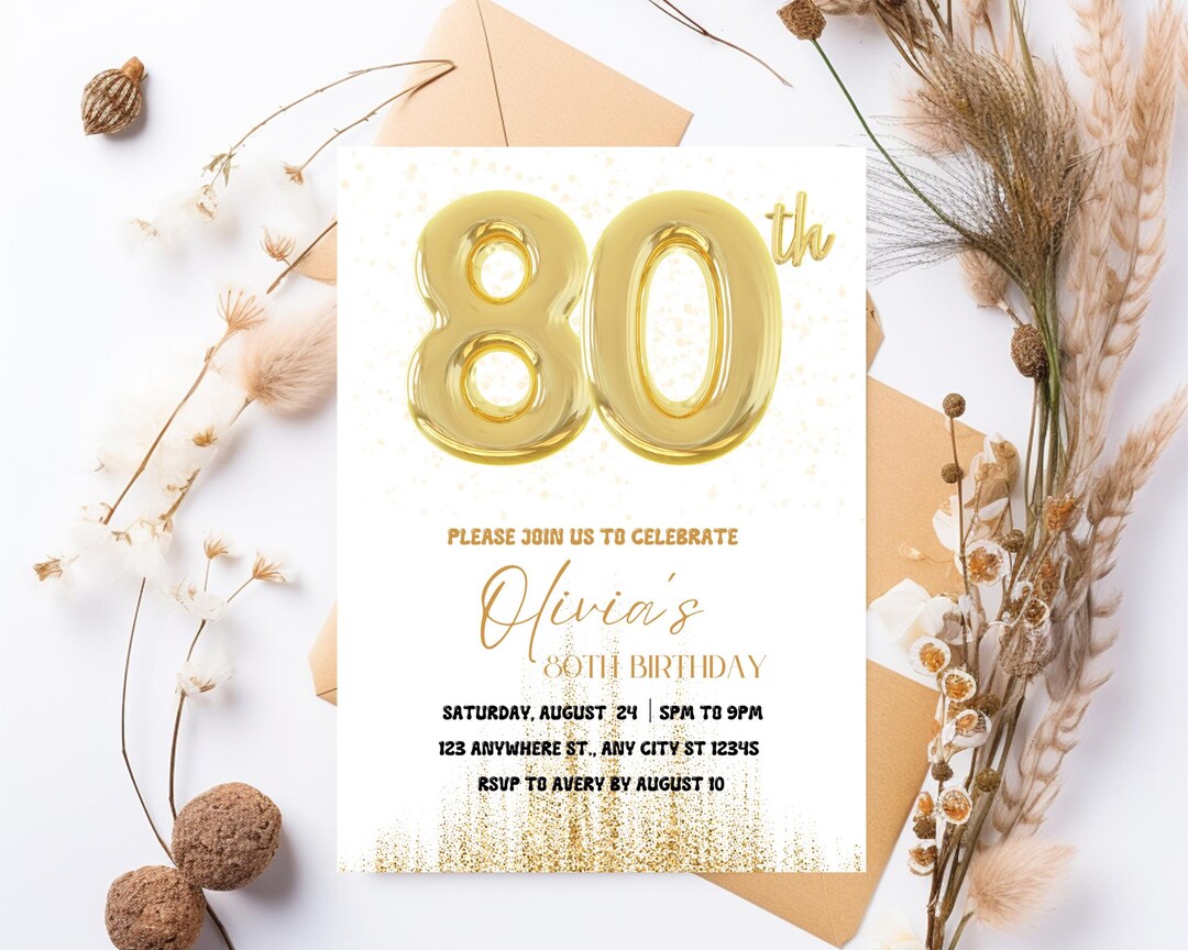 Golden 80th Birthday Party Invitation Card, Shiny Gold Theme, Milestone ...