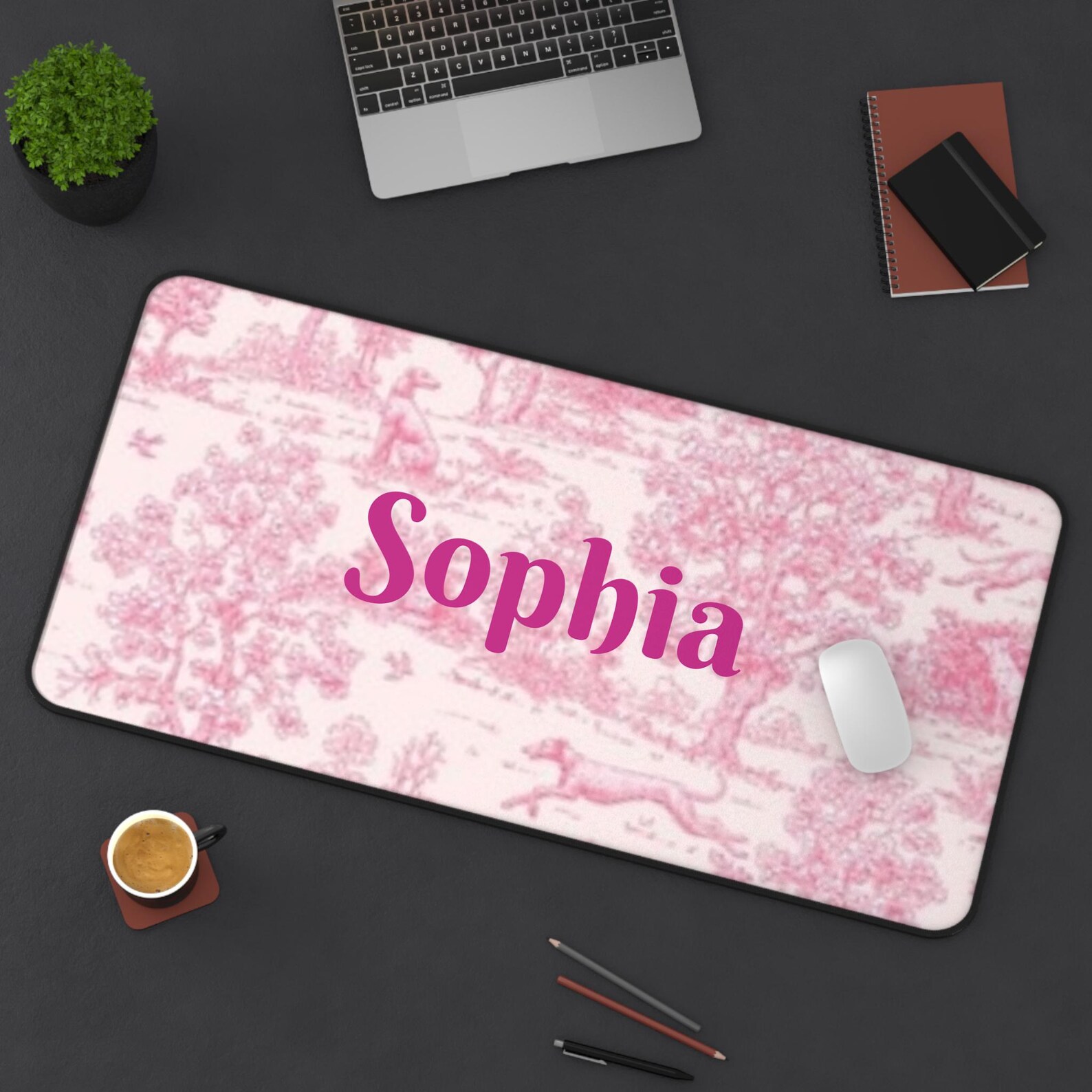 Pink Toile De Jouy Desk Mat for Girls, Personalized Office Accessories ...