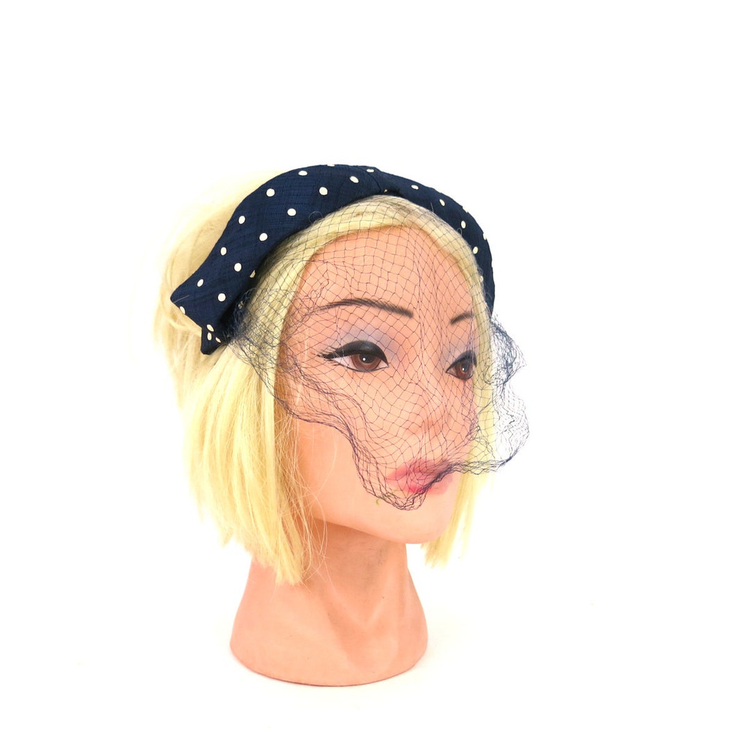 Vintage 1960s Polka Dot Bandeau Headband / Blue Head Band Hat / 60s Mid ...