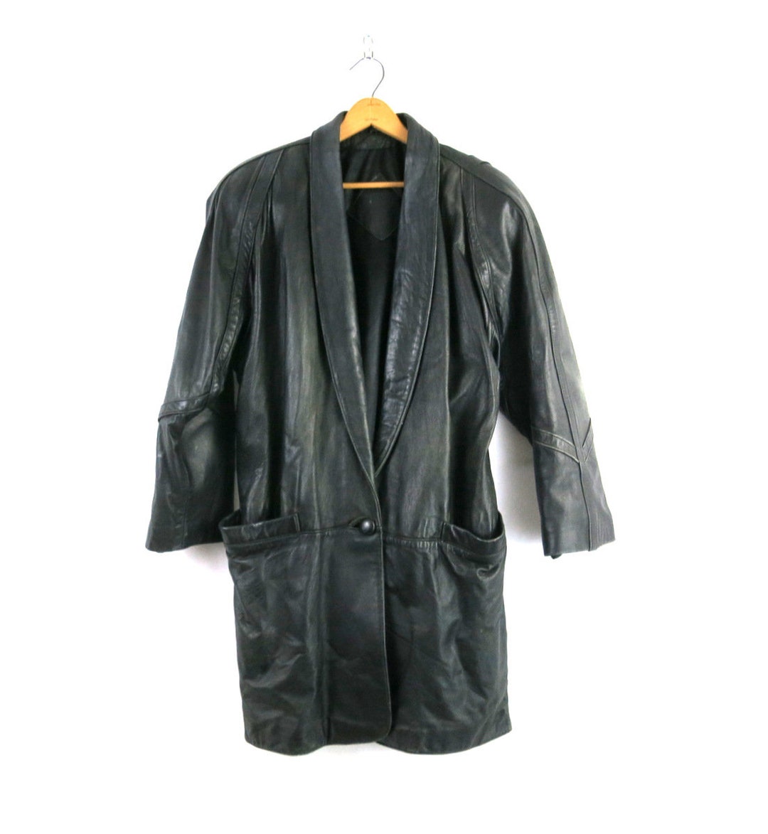 Long Black Leather Coat 80s Leather Jacket Vintage 1980's Trench Coat ...