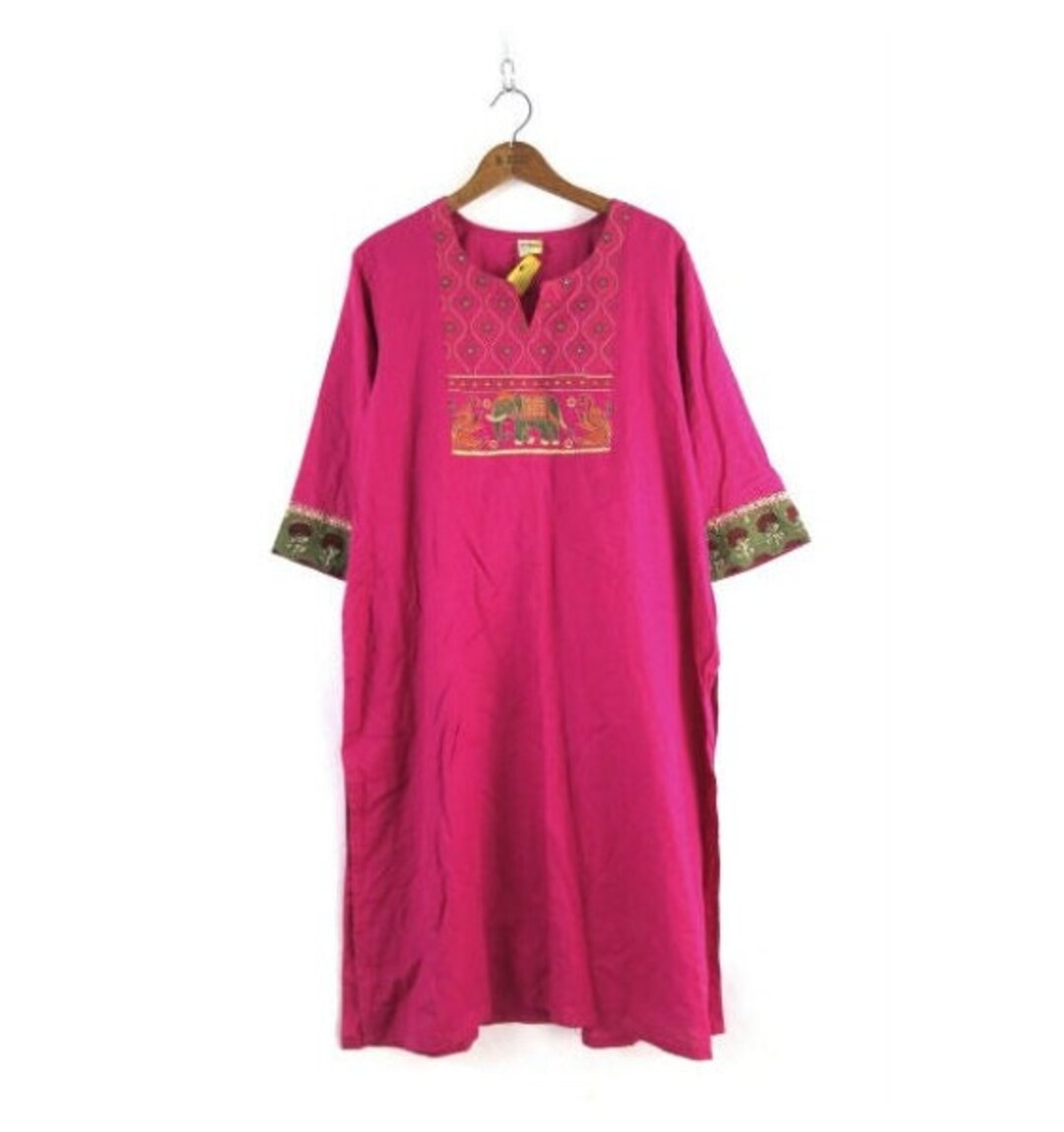 Vintage Embroidered Elephant Pink Indian Tunic Long Sleeve Ethnic Dress ...