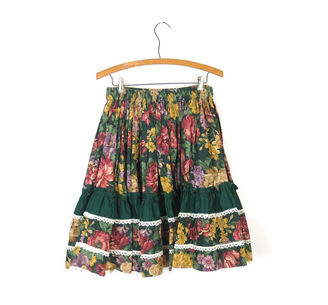 Vintage Square Dancing Skirt Green Floral Pattern Rockabilly Full ...