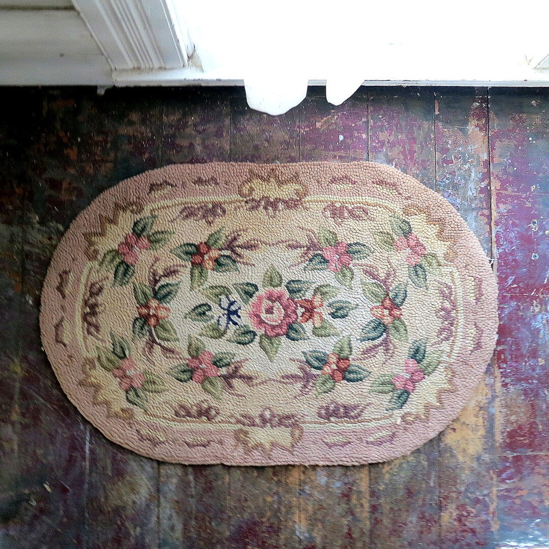 Vintage Hand Hooked Rag Rug | Antique Floral Throw Rug | Primitive Home ...