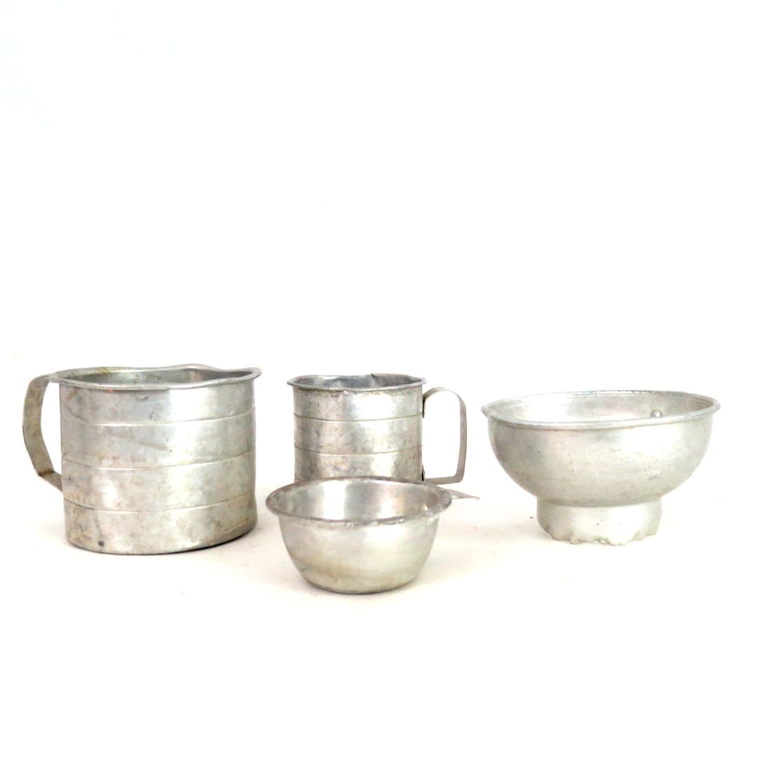 Vintage Aluminum Metal Measuring Cups & Funnel / 1950s Kitchen ...