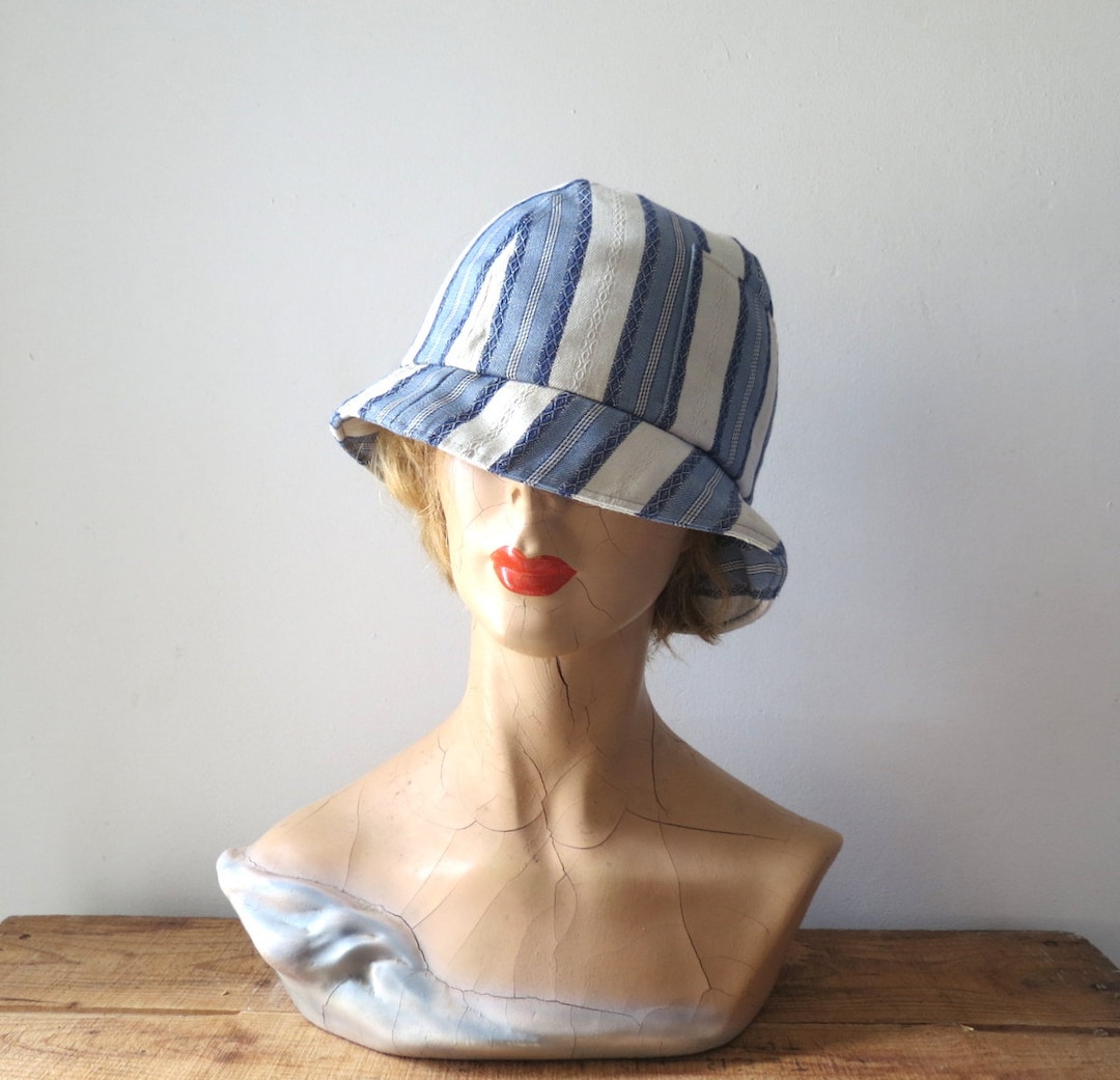 1960s Blue & White Striped Bucket Hat | Vintage Summer Hat With Pocket ...