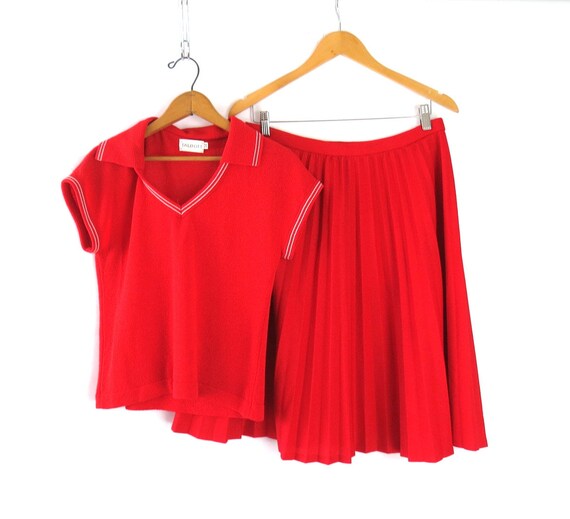 1960s Matching Skirt And Top Set Red Pleated Midi Skirt Gem