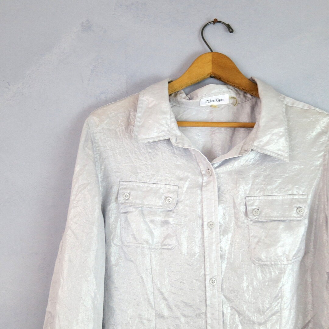 Shiny Silver Gray Blouse Vintage Button up Collar Shirt Women's Silver ...