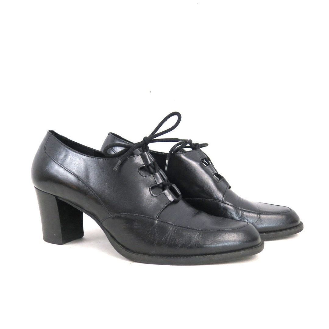 90s Black High Heel Shoes Vintage Leather Shoes Modern Lace up - Etsy