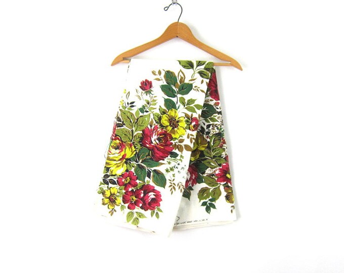Mid Century Fabric Textile Art Floral Scenery Print Red Green White ...