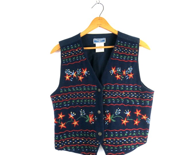 Vintage Wool Vest Blue Floral Embroidery Vest Women's Size Medium - Etsy
