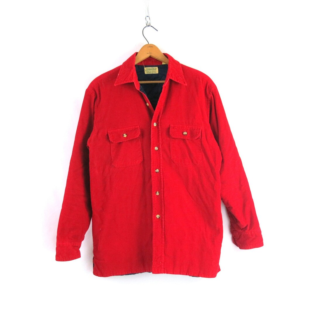 Red Corduroy Shirt Jacket Rugged Button up Insulated Coat Vintage Chest ...