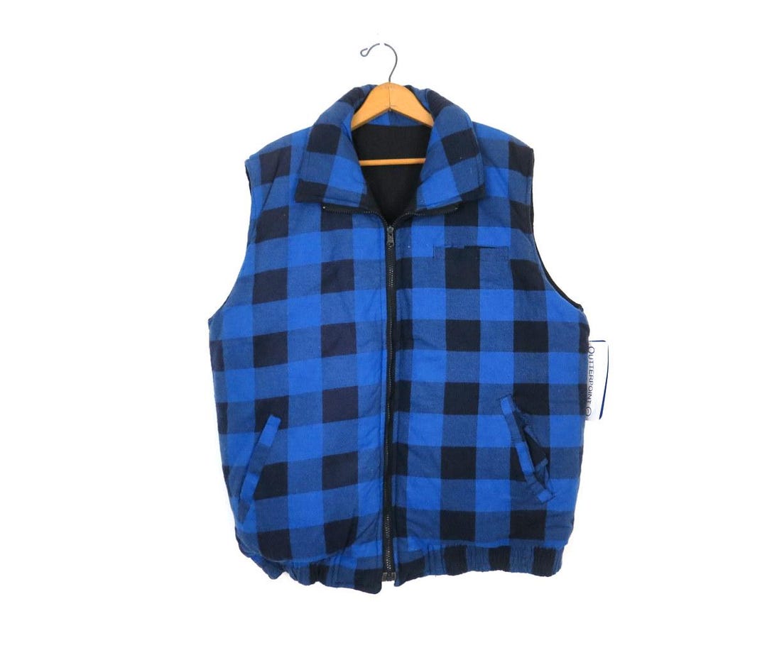 Blue and Black Vest Vintage Buffalo Check Vest Cotton Jacket Sleeveless ...