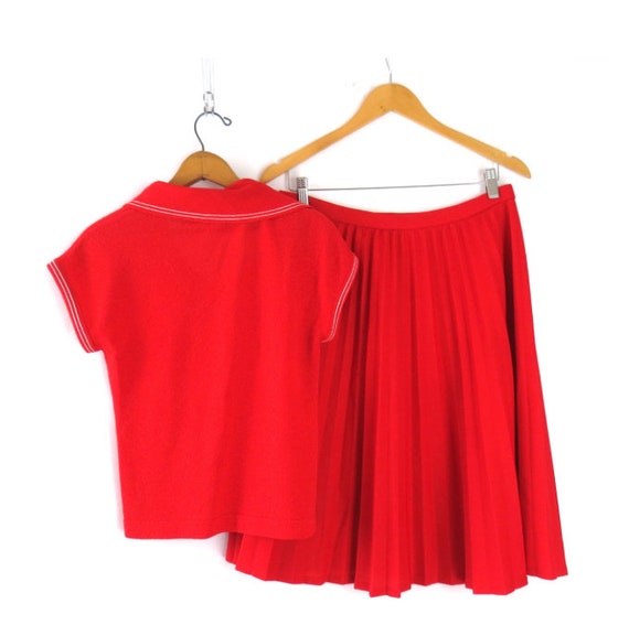 1960s Matching Skirt & Top Set Red Pleated Midi Skirt… - Gem