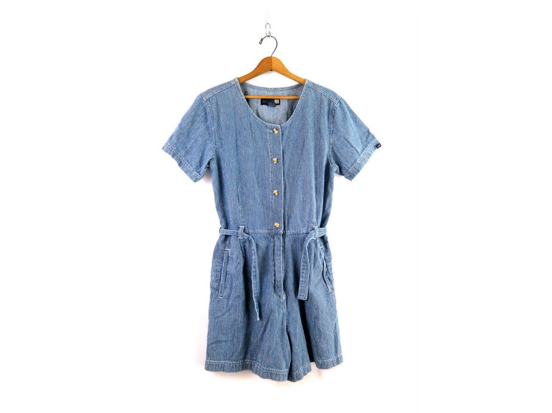 Vintage Jean Coveralls Blue White Striped Denim Romper Jumpsuit Shorts ...