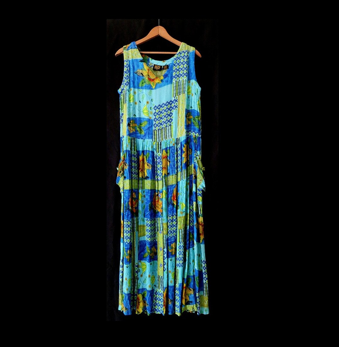 Blue Floral Dress Button Down Vintage Sundress Tropical Flower Pattern ...