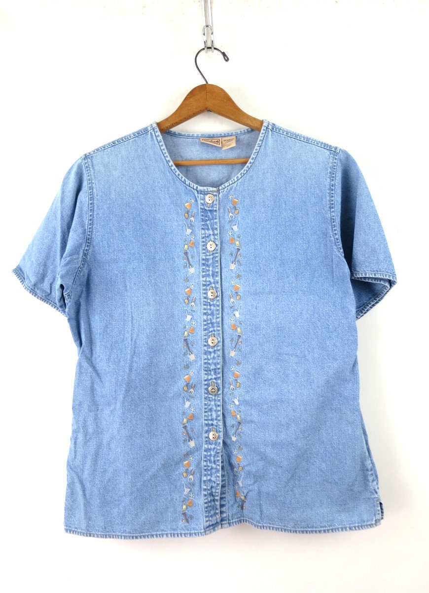 Embroidered Denim Shirt Vintage Collarless Jean Shirt Button - Etsy UK