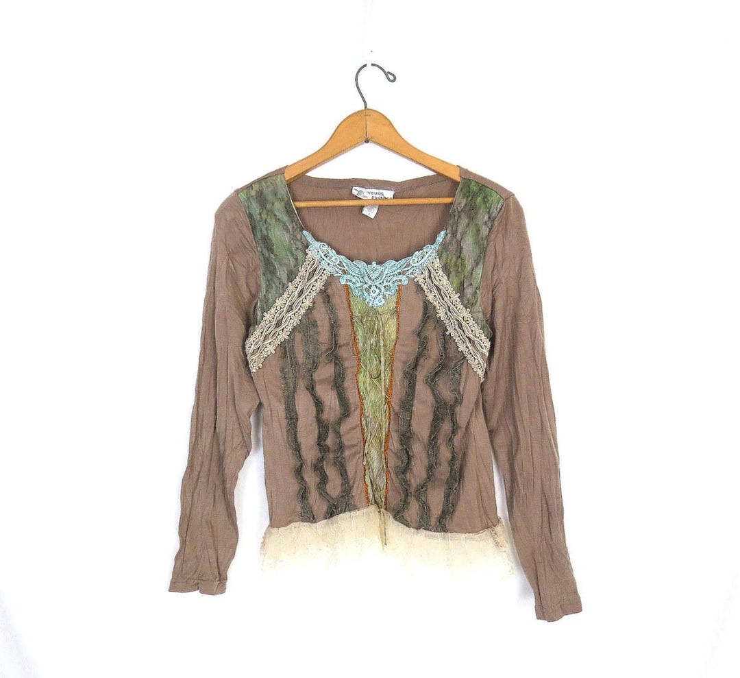 Vintage Fairy Grunge Blouse Cottagecore Floral Mesh Lace Long Sleeve ...