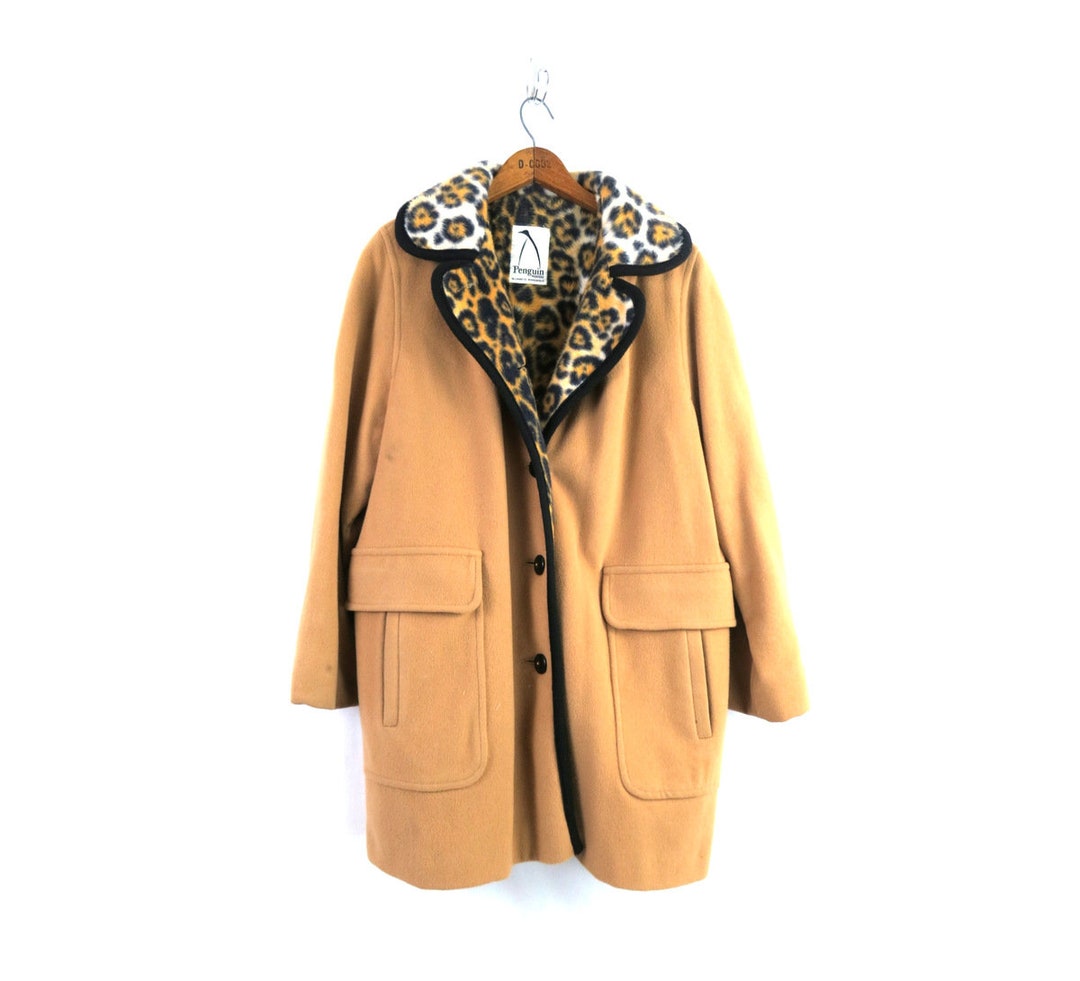 Vintage Wool Penguin Coat | Leopard Print Lined Button up Winter Coat ...