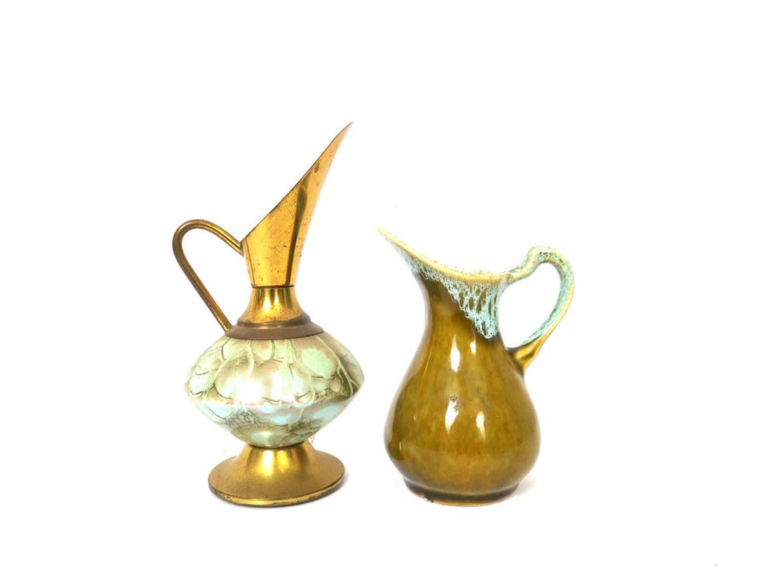 2 Small Ceramic Pottery Pitchers Olive Green Pitcher Vases Vintage Home ...