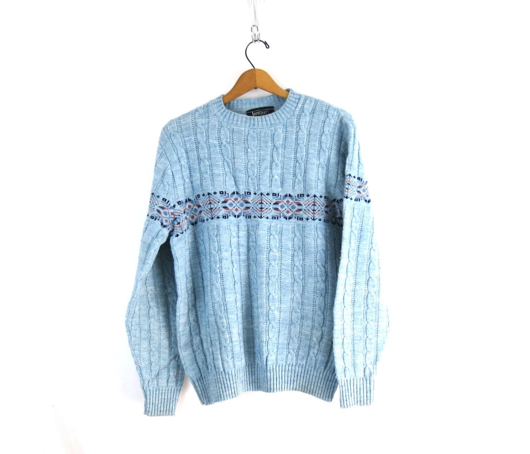 1970s Retro Ski Sweater Vintage 70s Light Blue Cableknit Pullover ...