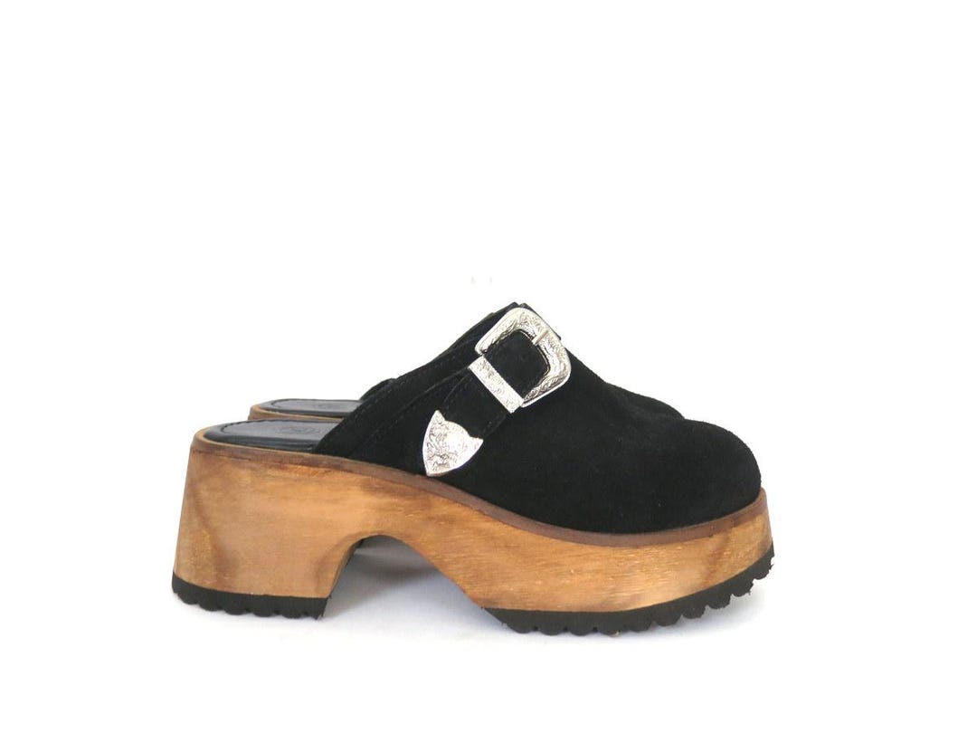 Black Suede Clogs 00s Chunky Heel Buckle Shoes Leather Slides Women's ...