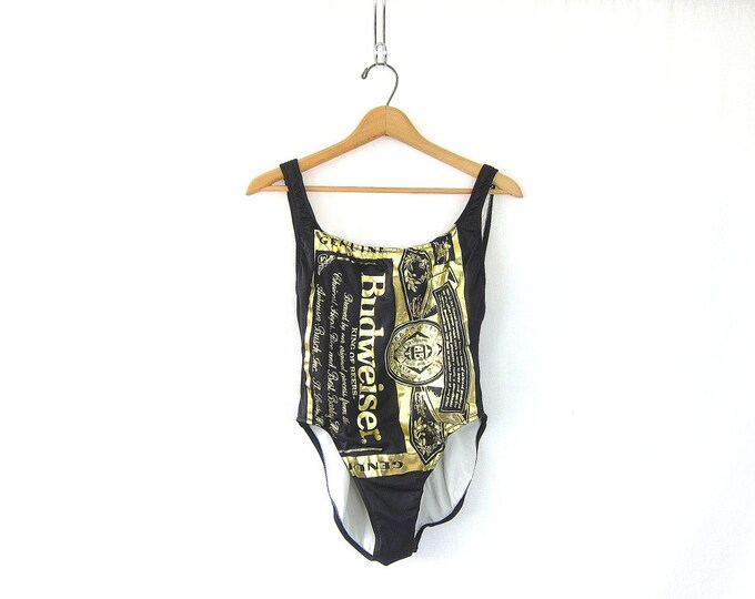 Vintage One Piece BUDWEISER Beer Swimsuit. Black and Gold Swimming Suit ...