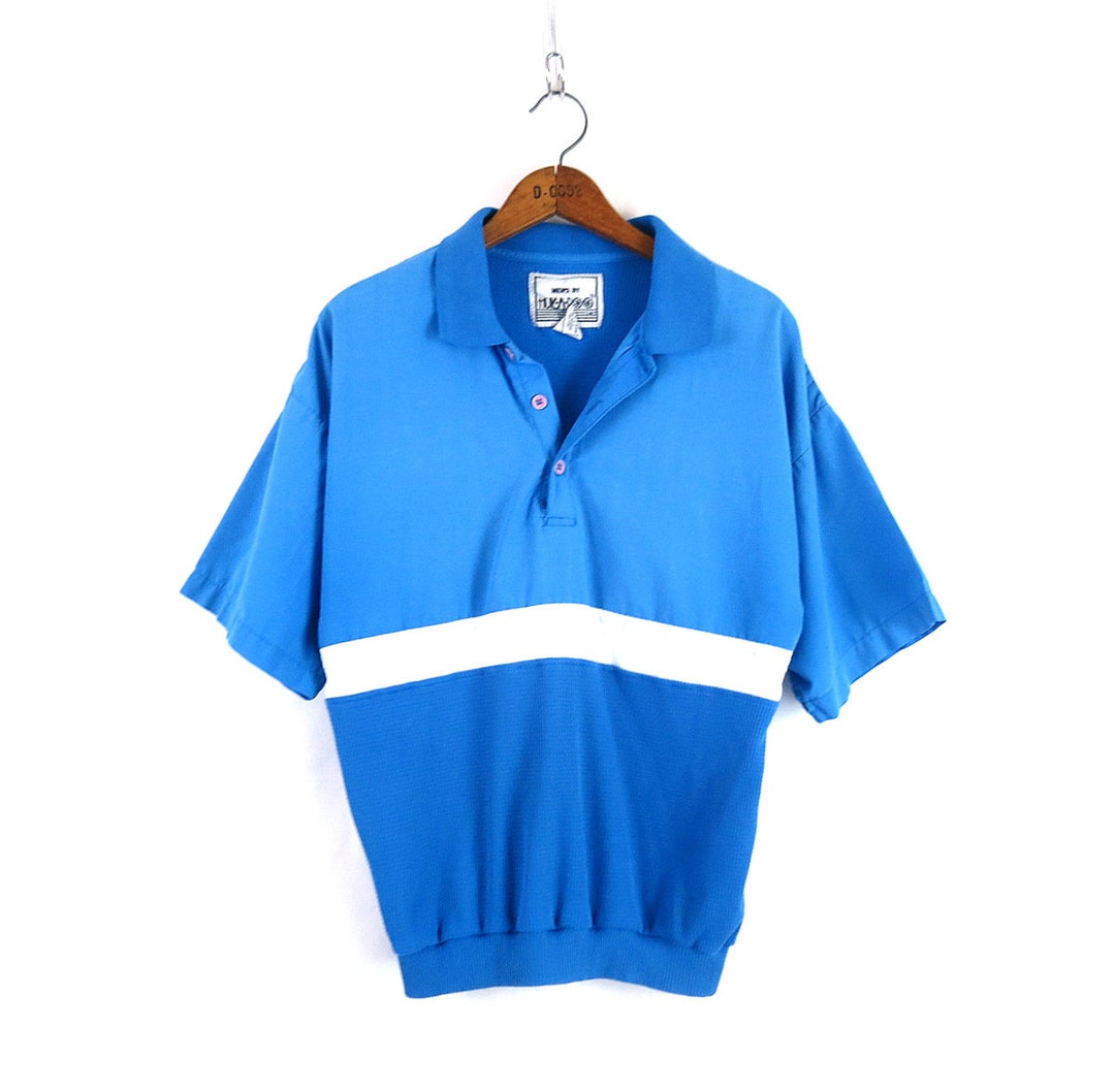 Blue Collared Tee Shirt | 80s Collar Henley Top | Baggy Boyfriend T ...