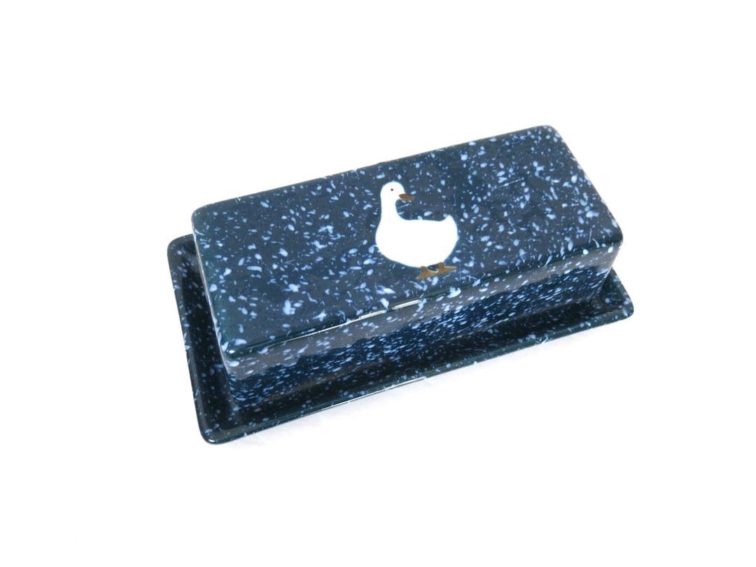 Vintage OTAGIRI Country Goose Butter Dish Cobalt Blue Speckled / Hand ...