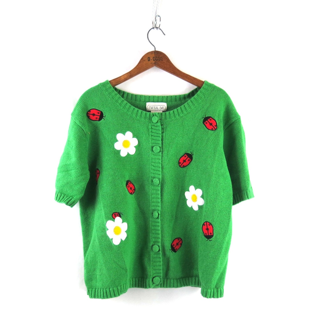 Ladybug Applique Cardigan Vintage Green Short Sleeve Floral Cardigan ...